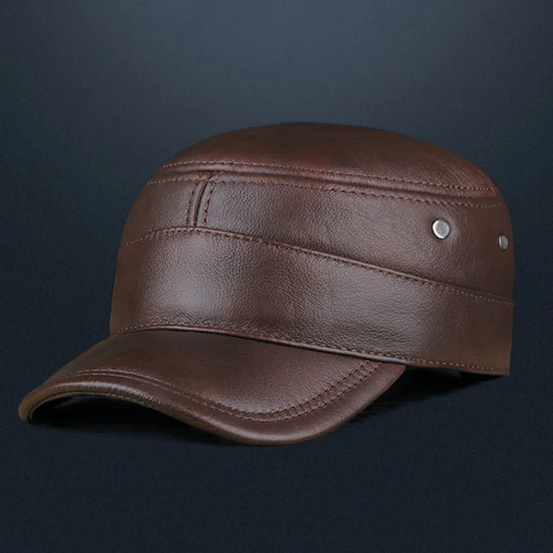 Winter Fashion Men Genuine Leather Peaked cap Ceiling Earmuffs Dome Hat ...