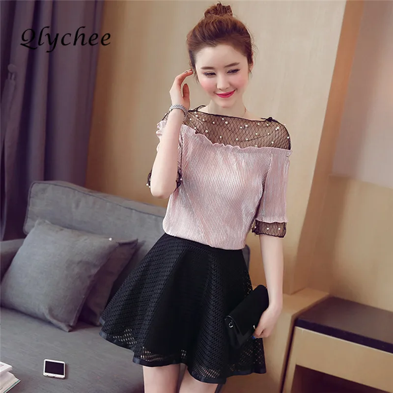Qlychee Mesh Patchwork Rivet Sexy See Throught Women Blouse Shirt Half