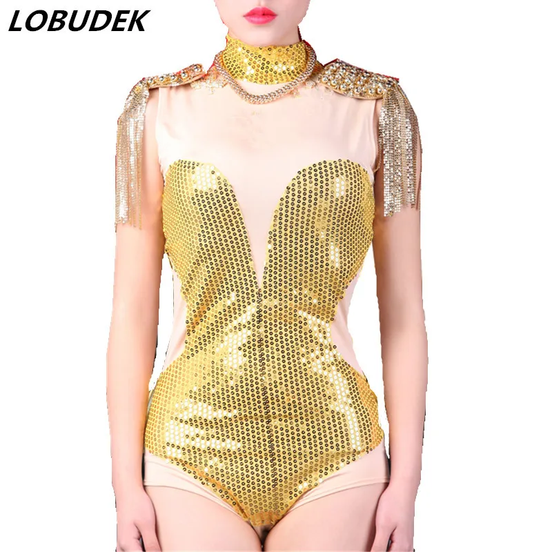 Sexy Dance Teams Dj Singer Female Costume Gold Silvery Sequins Bodysuit