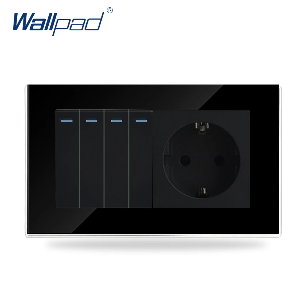 4 Gang Switch and EU Socket Wallpad Black Crystal Glass 146*86mm Push ...