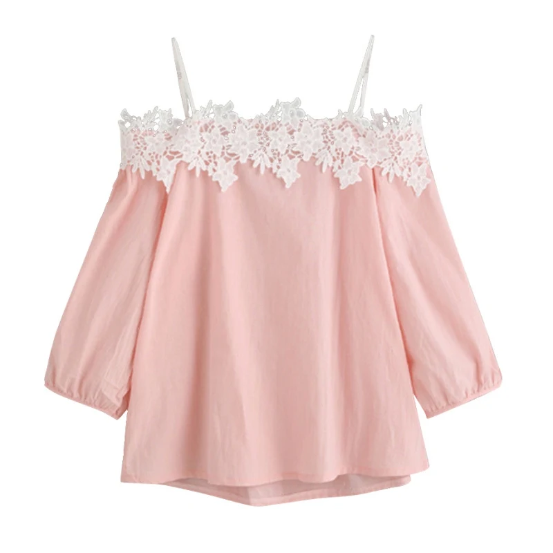 Summer Autumn Women Collocation Pink Blouse Ladies Summer Lace Off Shoulder Blouses Women Pink