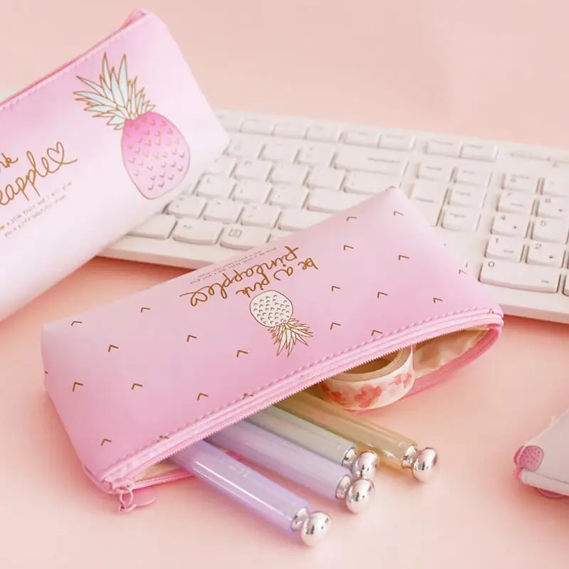 2018 Korean Style Pink Pineapple Pu Waterproof School Pencil Cases Stationery Pencilcase Kawaii