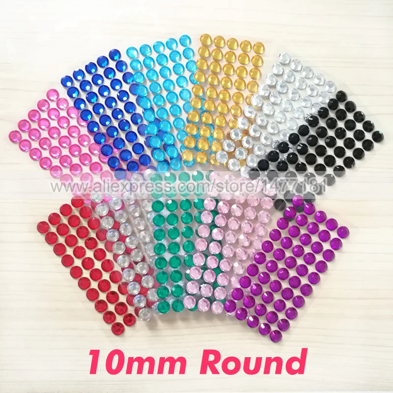2 sheets 100pcs 10mm Round Acrylic Rhinestone Stickers Gem Flat Back ...