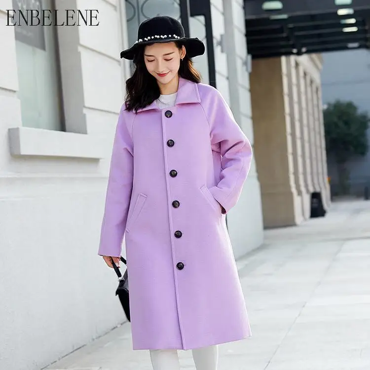 Solid Purple X-long Woolen Overcoats Women 2019 Winter Turn-down Collar ...