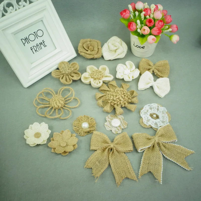 16pc Handmade Jute Hessian Burlap Flower pearl Rose DIY Craft rustic ...