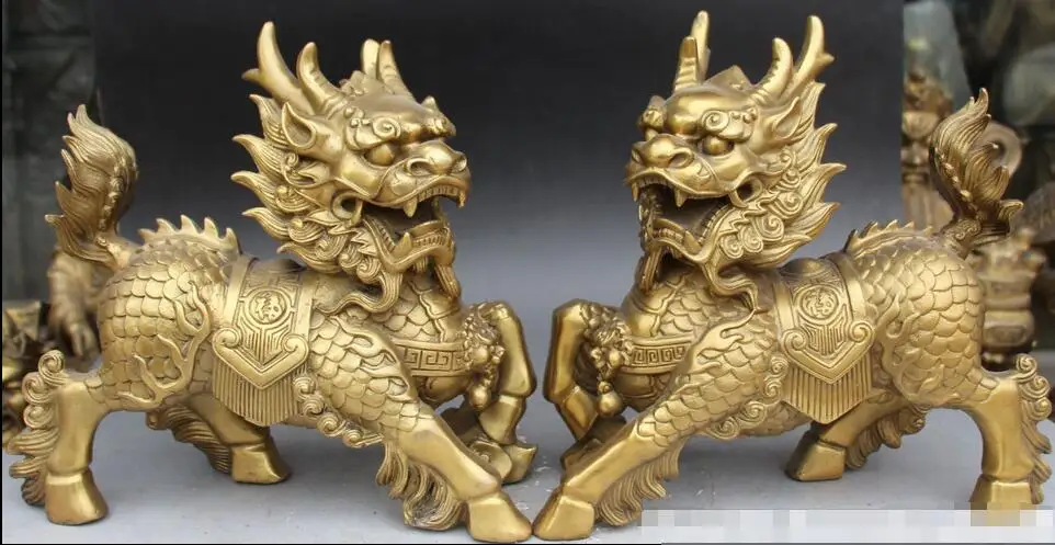12" Chinese Copper Dragon Head Lion kylin Kirin Chi Lin Kilin Qilin ...