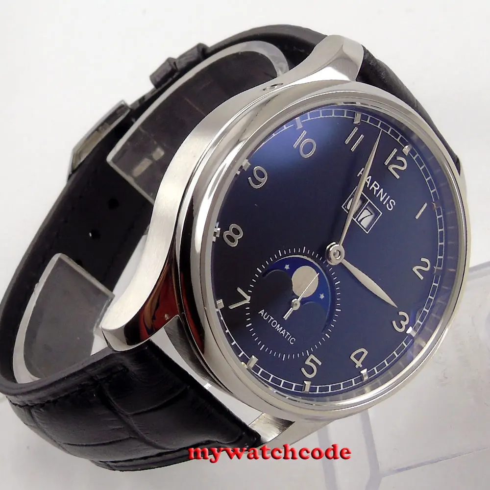43mm parnis black dial date automatic moon phase leather strap mens ...
