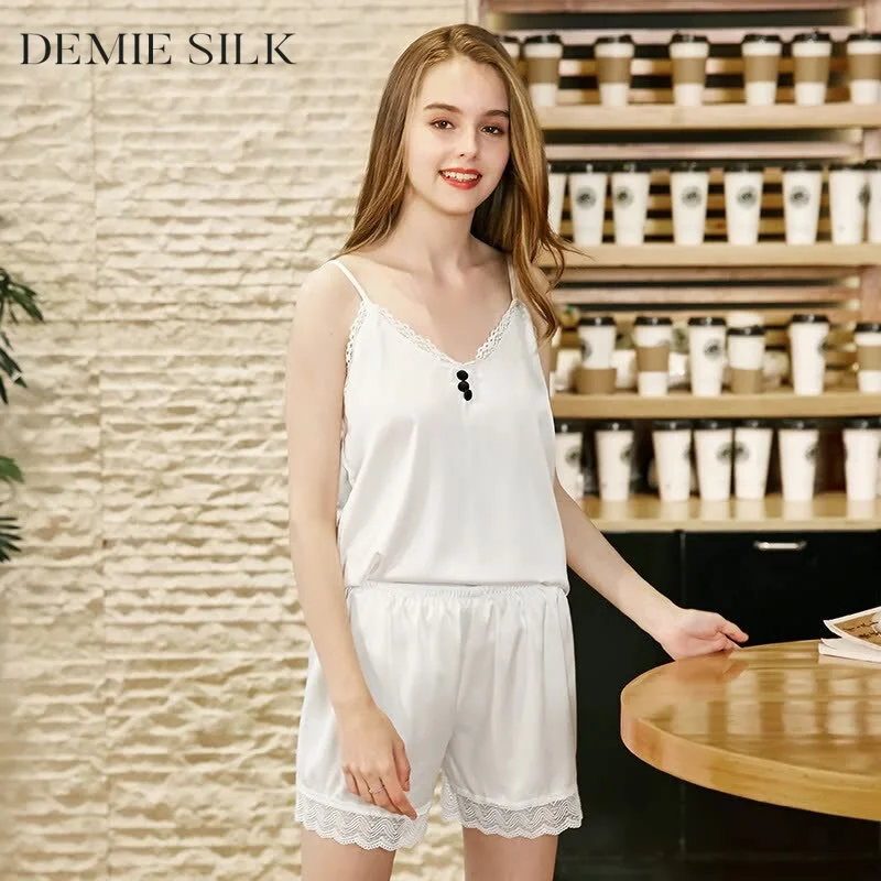 Demiesilk Women Two Piece Imitation Silk Summer Pj Lace Pajama Sets