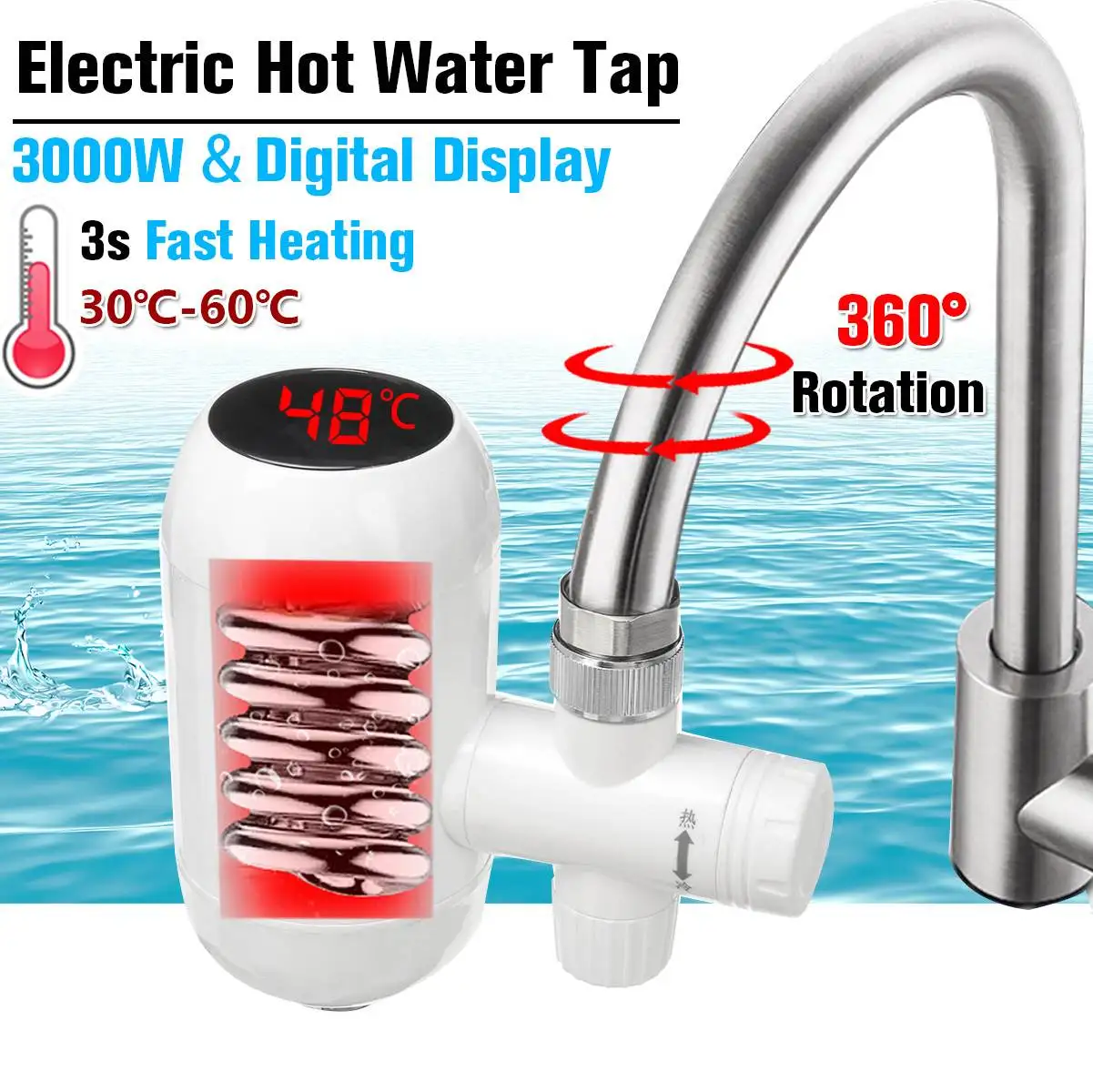 3000W Temperature Display Instant Hot Water Tap Electric Faucet Kitchen ...