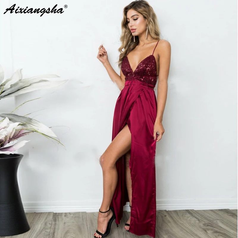 Sexy Spaghetti Strap Burgundy Evening Dress Satin Side Split Long