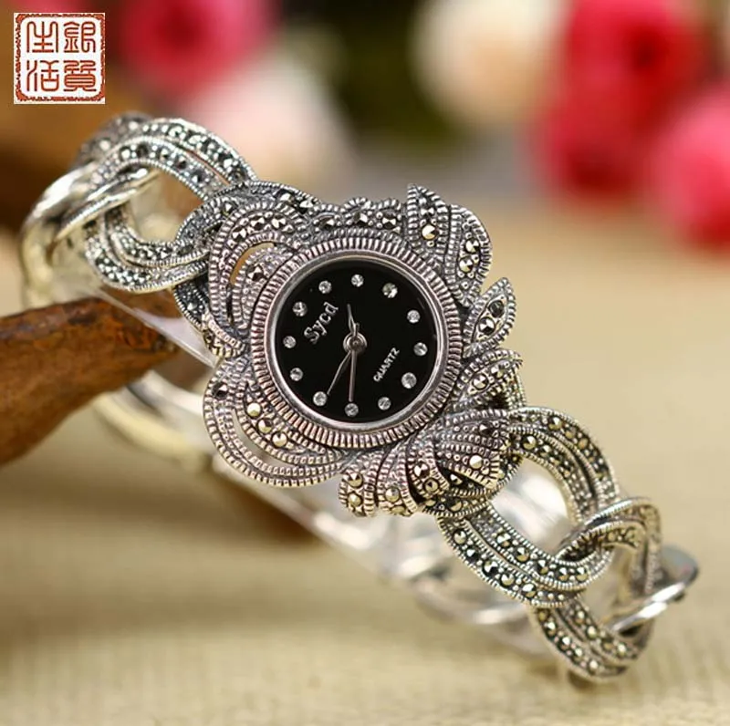 Pure silver watch inlaying mark race vintage 925 thai silver watch ...