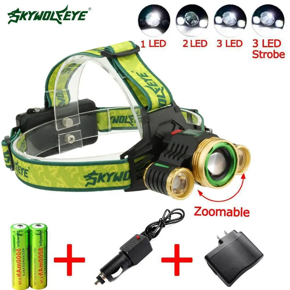 SKYWOLFEYE Headlamp 22000 Lm T6 LED USB Headlight Zoom 2X18650 Battery ...