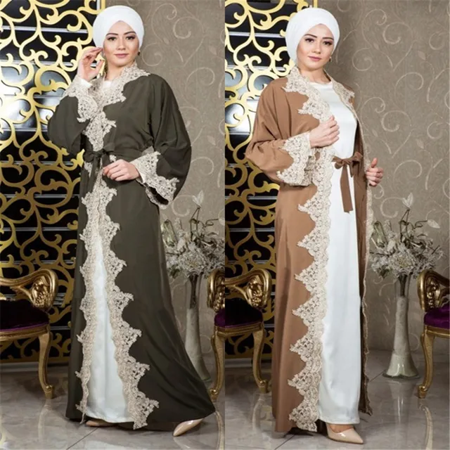 Luxury Elegant Long Muslim Dress Lace Flowers Abaya Dubai Islamic ...