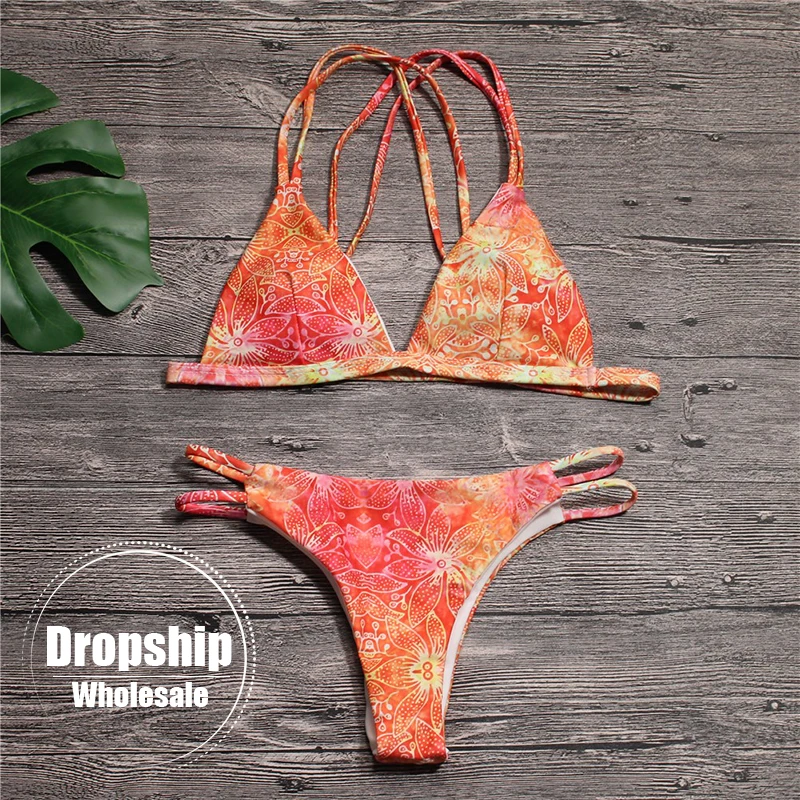 Women 2018 Sexy Bikini Set Flower Print Bikinis Top Low Waist Bottom