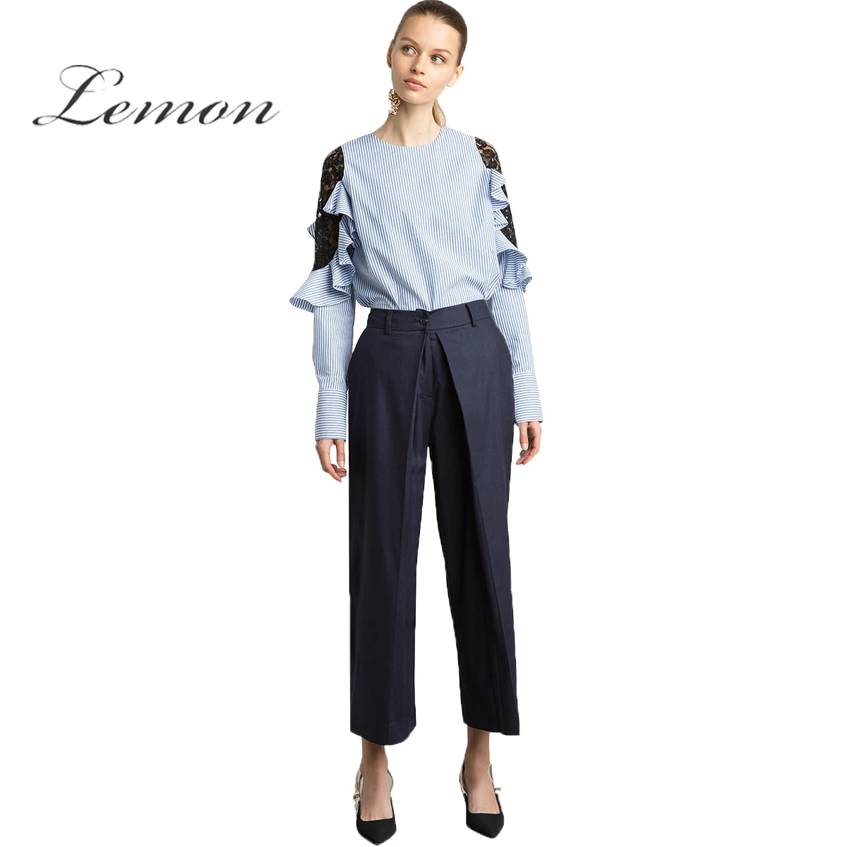 Lemon Apparel Autumn Blue Striped Women Blouses Lace Patched Ruffles ...