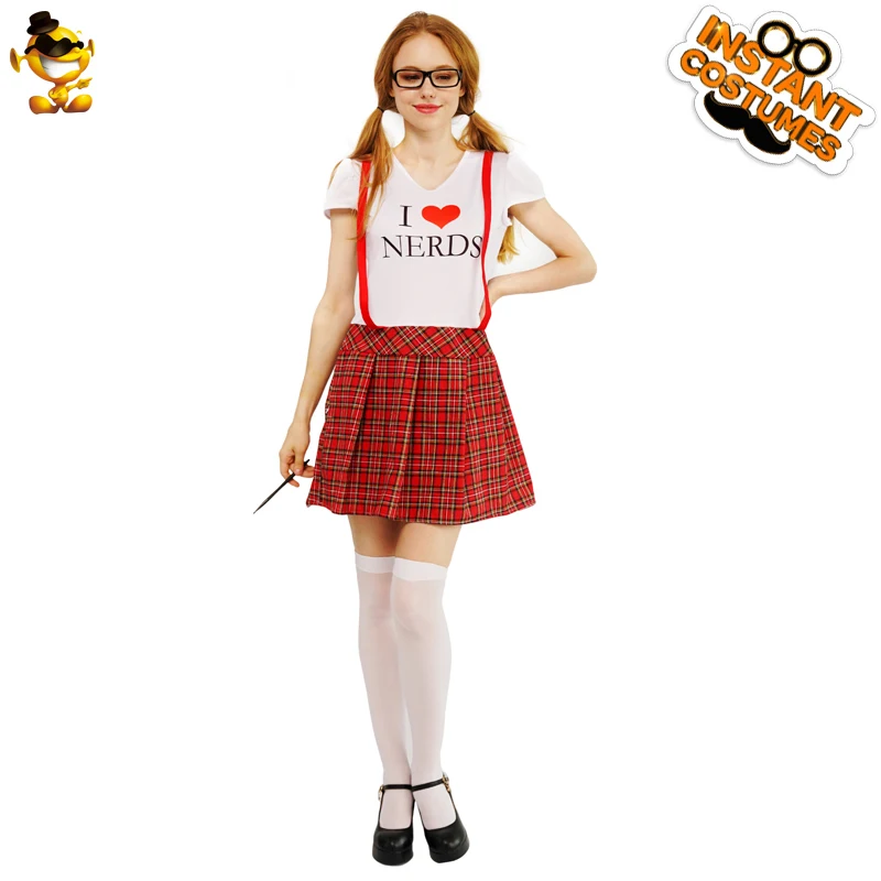 50's Nerd School Girls Costume With Red Plaid Skirt Halloween Cosplay ...