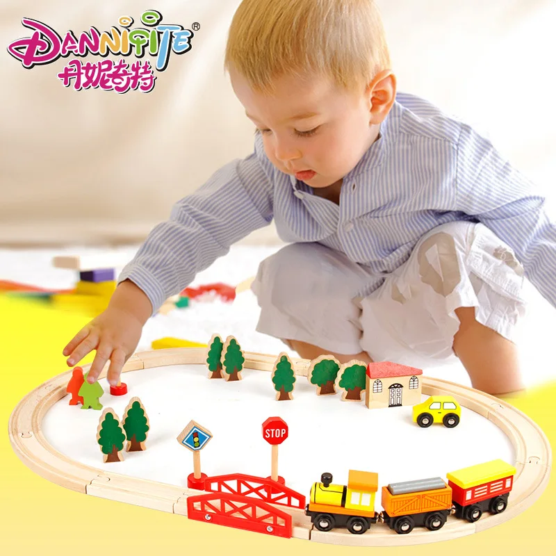 DANNIQITE Wooden train track toys 3D vehicle blocks Elliptical orbit ...