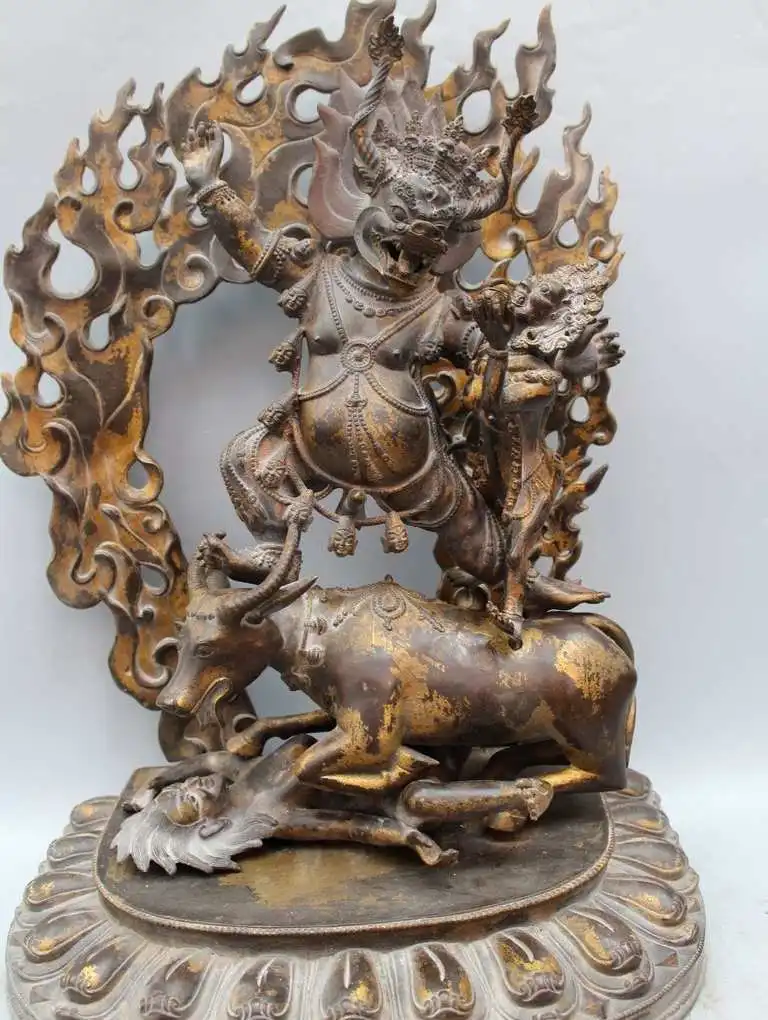 21" Old Tibet Buddhism Bronze Gilt Ox Head Mandkesvara Yab-yum Buddha ...