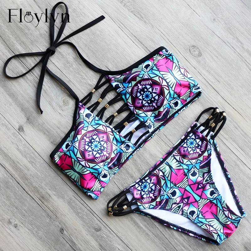 Floylyn Vintahe Printed Women Bikini Sets Summer Bandage Cut Out