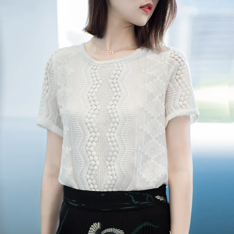 High End 100% Silk Embroidered Women Blouse Ladies Shirts O Neck Short ...
