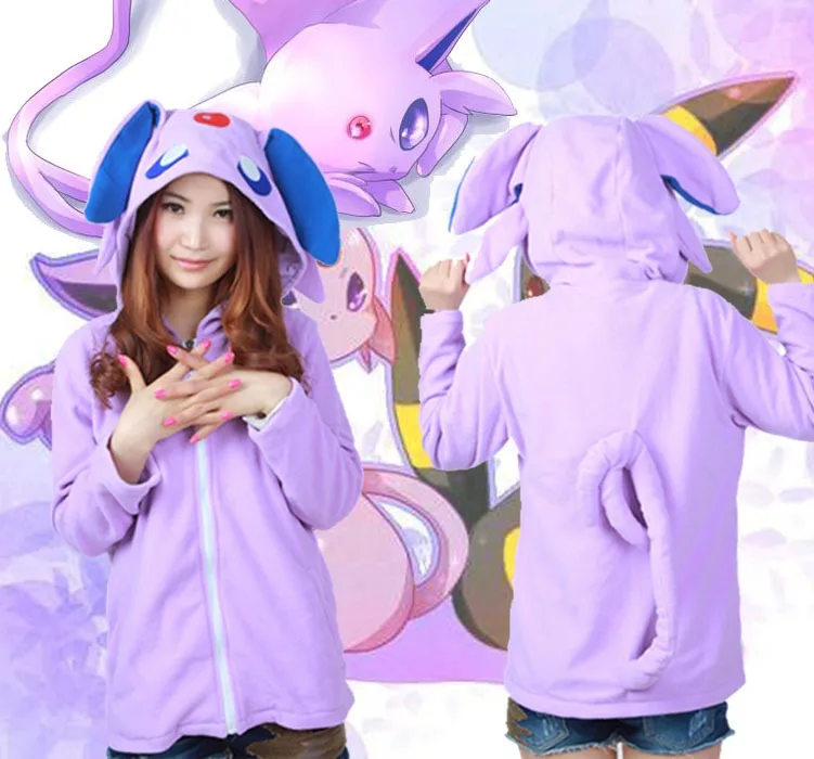 Women's Poker Monster Espeon Hoodies With Ears Cosplay Costume Zip ...
