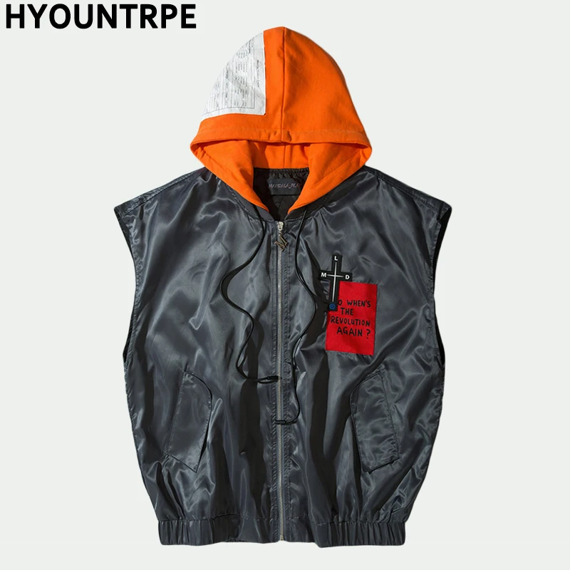 Hip Hop Sleeveless Hooded Vest Men Wide Shoulder Zipper Cargo Waistcoat ...
