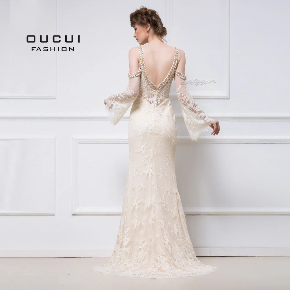 Real Photo Long Sleeves Lace Fabric Pearls Hand Work Mermaid Formal ...