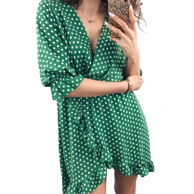 Women Loose Dot Dress 2018 Cocktail Party Sexy Short Beach Party Mini Dresses Female V Neck