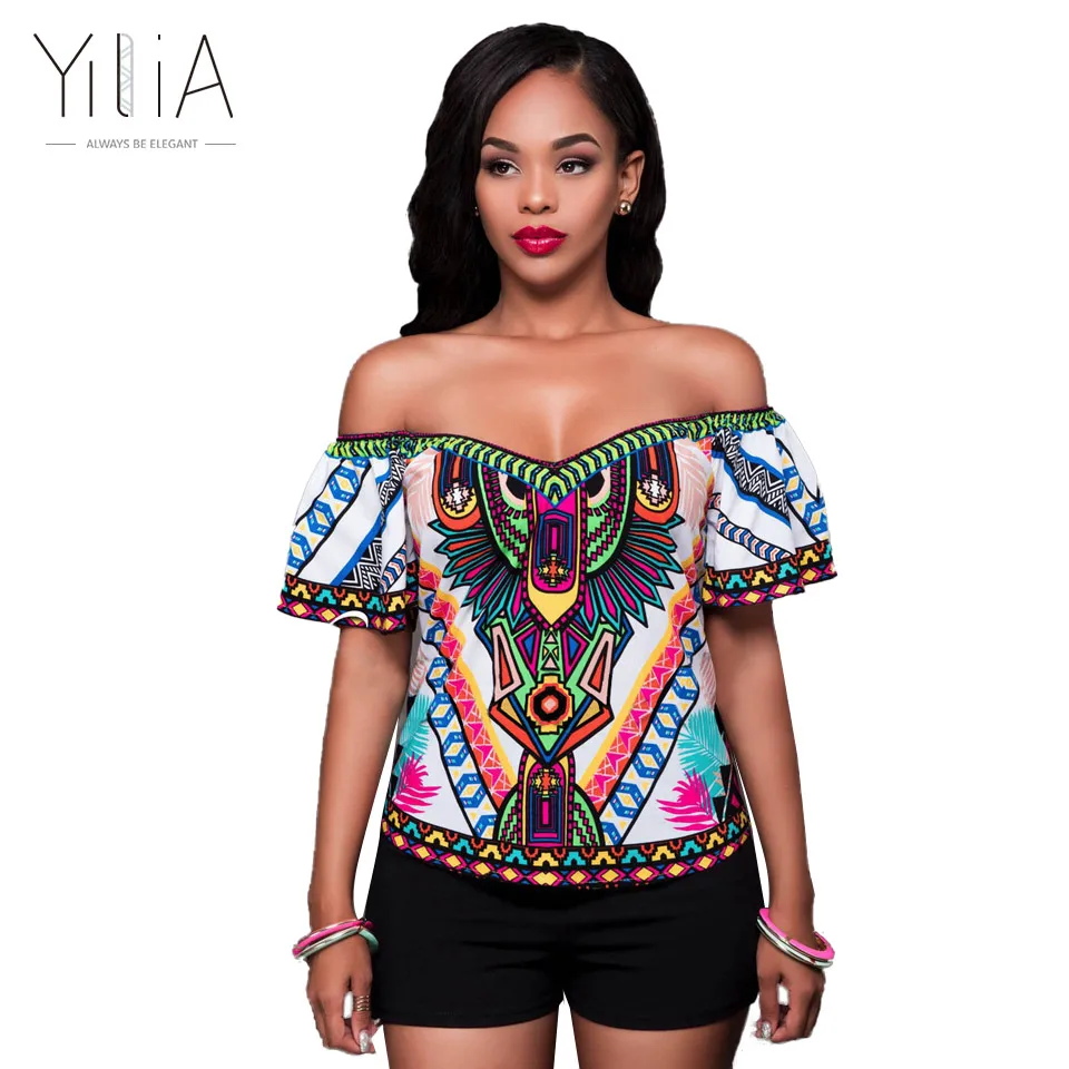 Yilia Dashiki Barra Do Pescoço Mulheres Camisa Blusa De Verão 2017