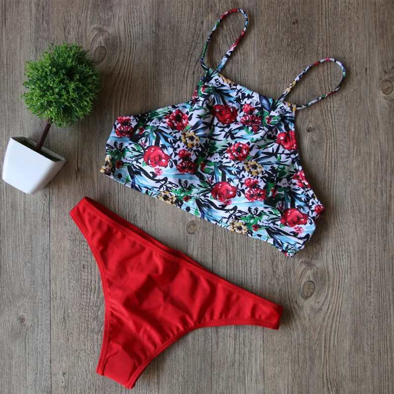 Ef18006 Sexy High Neck Top Print Flower Bikini Set Swimwear Women Beach
