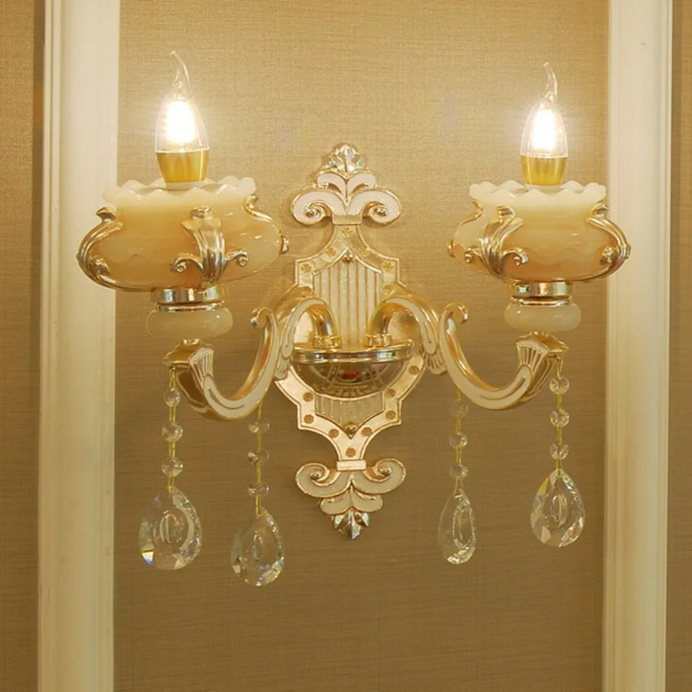 Golden Flower Shape Crystal Jade Wall Lamp Light For Bedroom Living ...