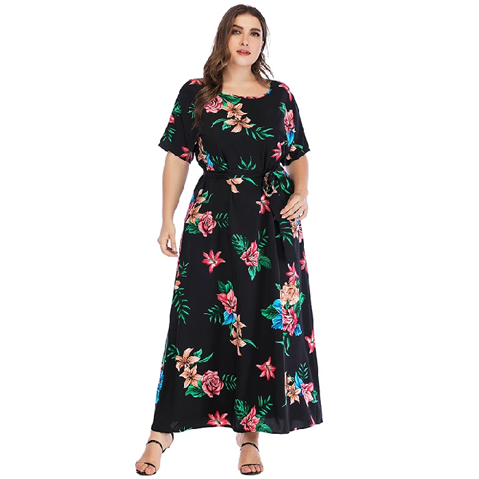 Vestido de verano largo con estampado Floral para mujer, traje holgado con cinturón, talla ...