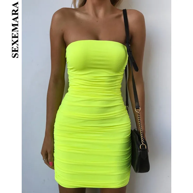 BOOFEENAA Neon Yellow Ruched Strapless Midi Bodycon Dresses For Women ...