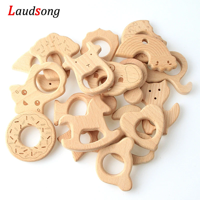 2pcs Baby Animal Natural Beech Teething Wooden Beads Toy Baby Teether ...
