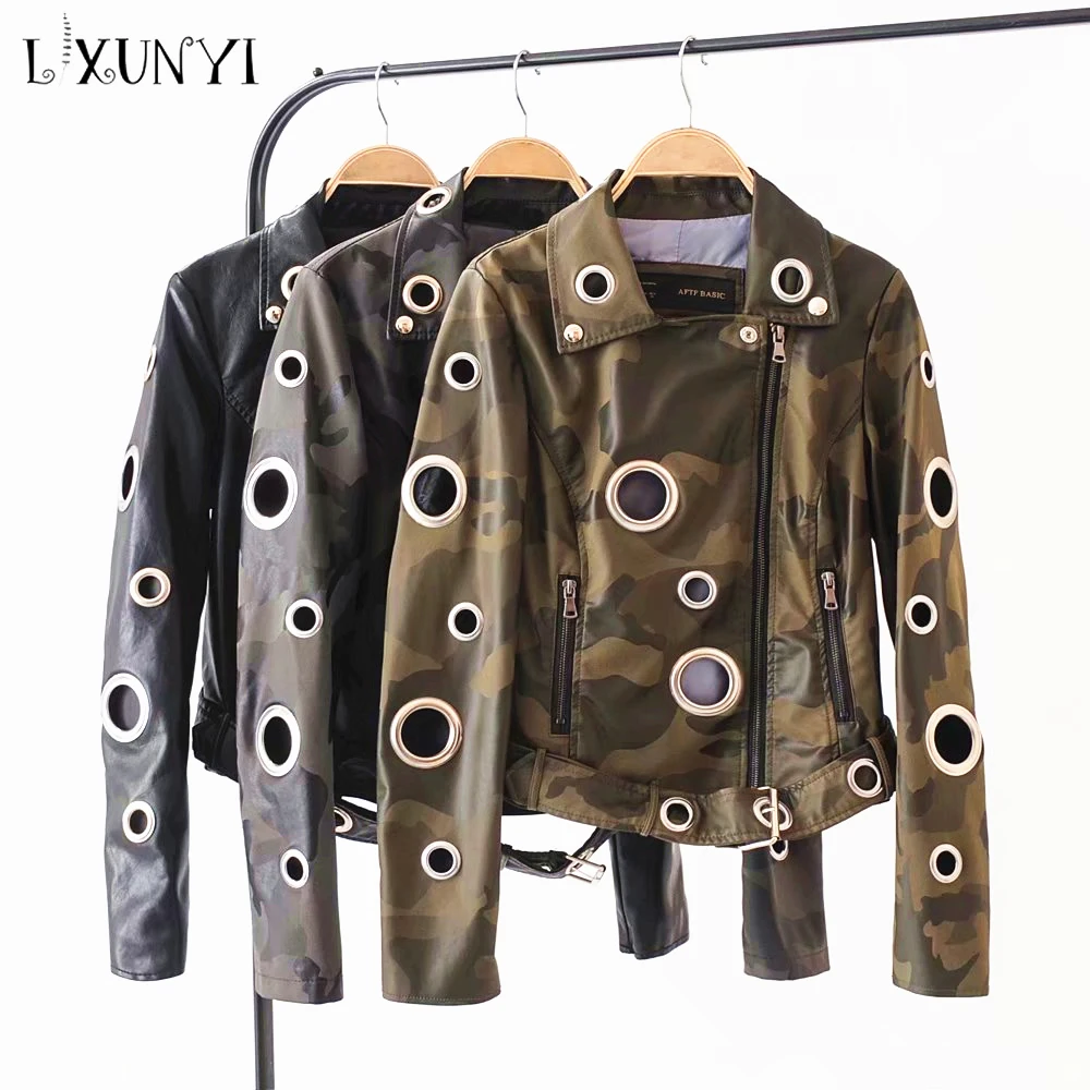 LXUNYI New Motorcycle Pu Leather Jacket Women Camouflage Print Faux ...