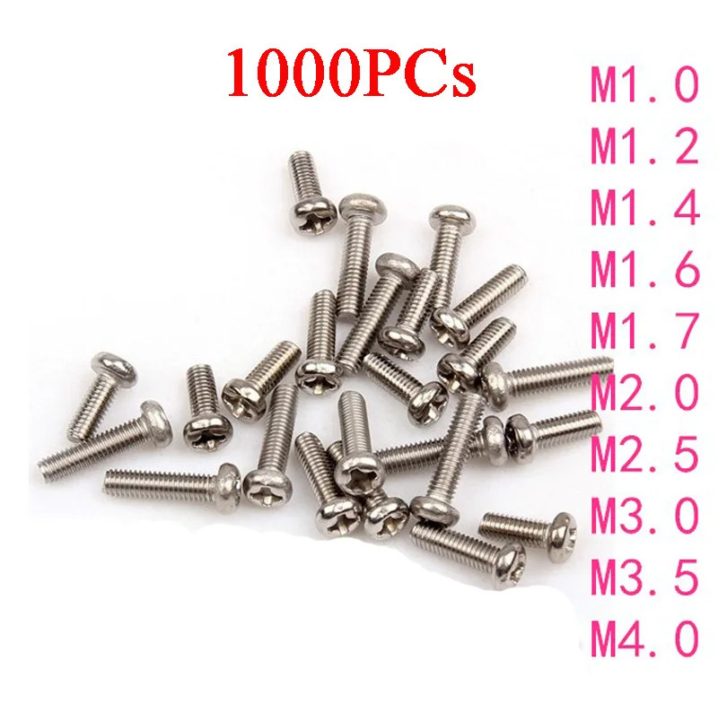 1000PCS M1 M1.2 M1.4 M1.6 M1.7 3 12mm Cross Round Head Screws Nickel Plated Round Head Screws ...