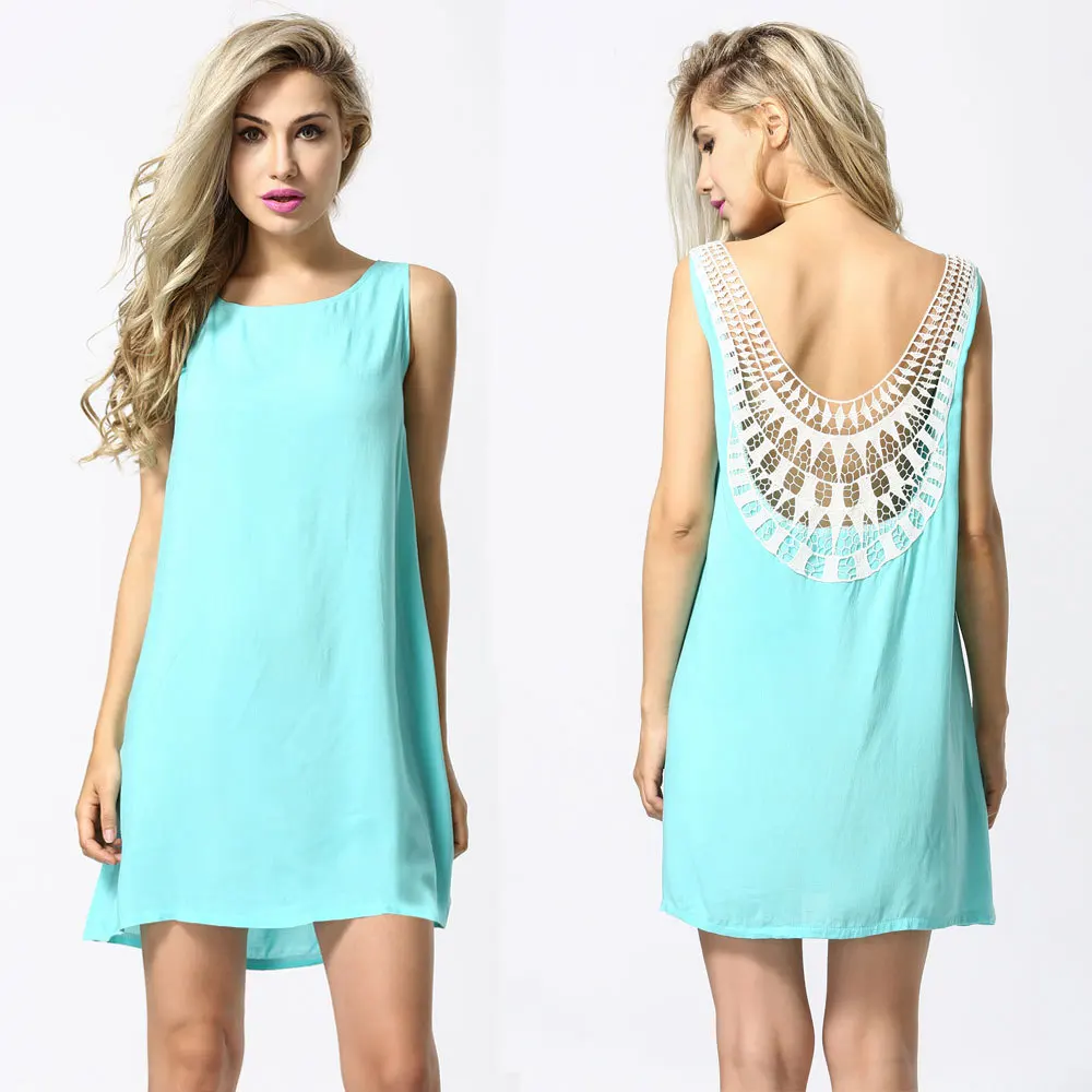 New Arrival Light Blue Loose Dress Sexy Open Back Lace Woman Short ...