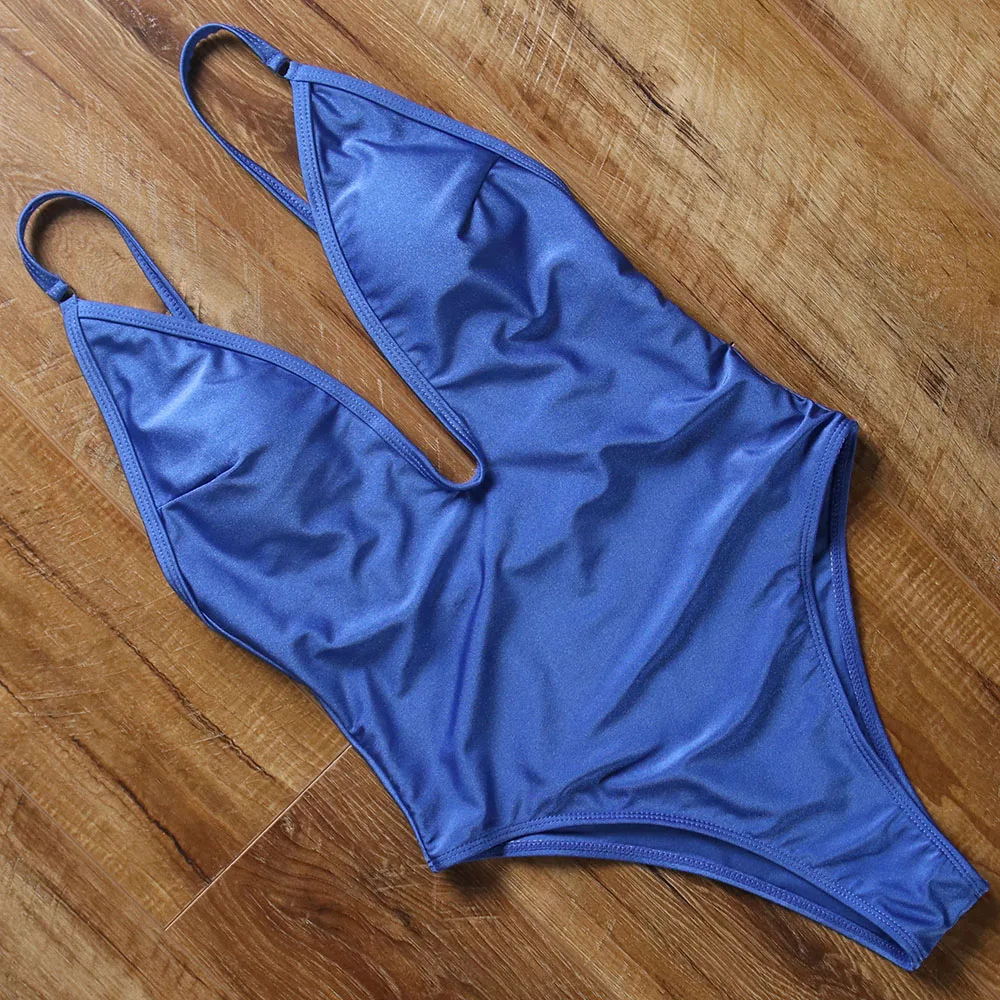 Deep V One Piece Swim Suit Halter Bandage Swimwear Women Push Up