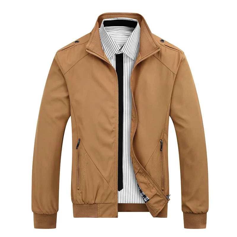 Casual Men Bomber Jacket Plus Size 5XL Solid Color Khaki Stand Collar ...
