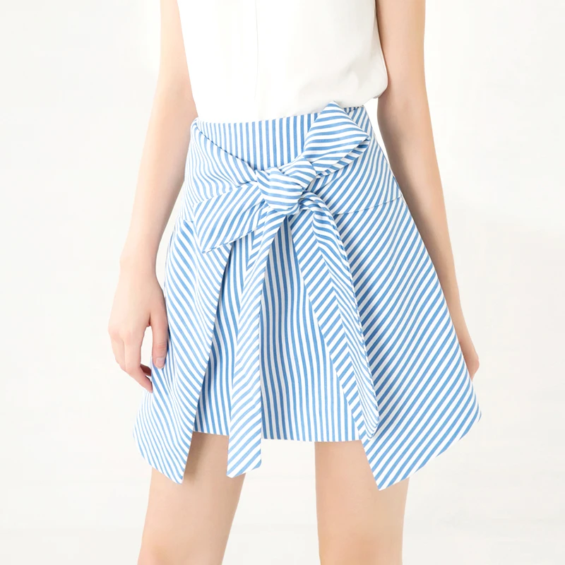 Skirts Women High Street Style One Piece Set Sashes Decoration Striped A Line Sexy Mini Skirts