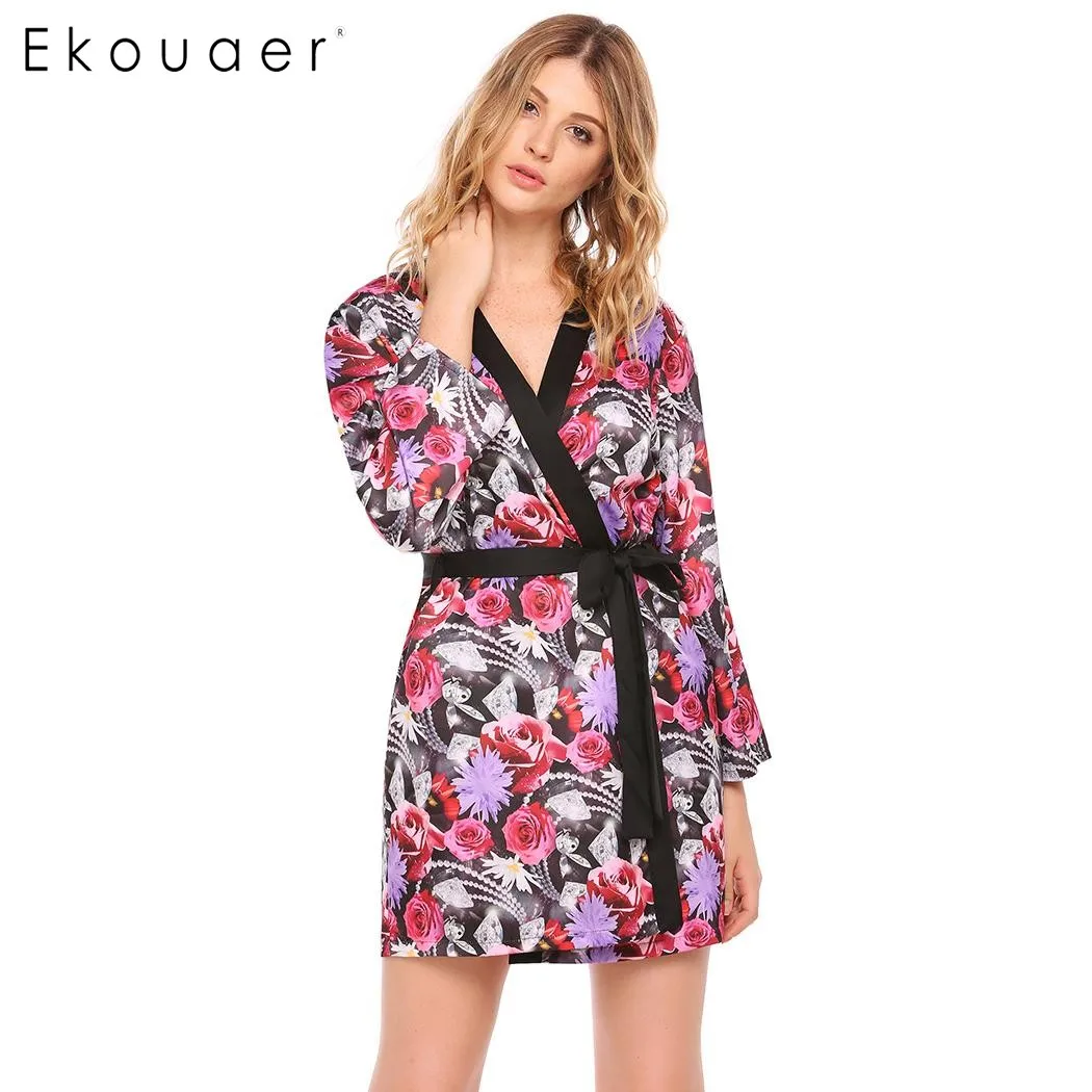 Buy Ekouaer Floral Print Robe Autumn Patchwork Long