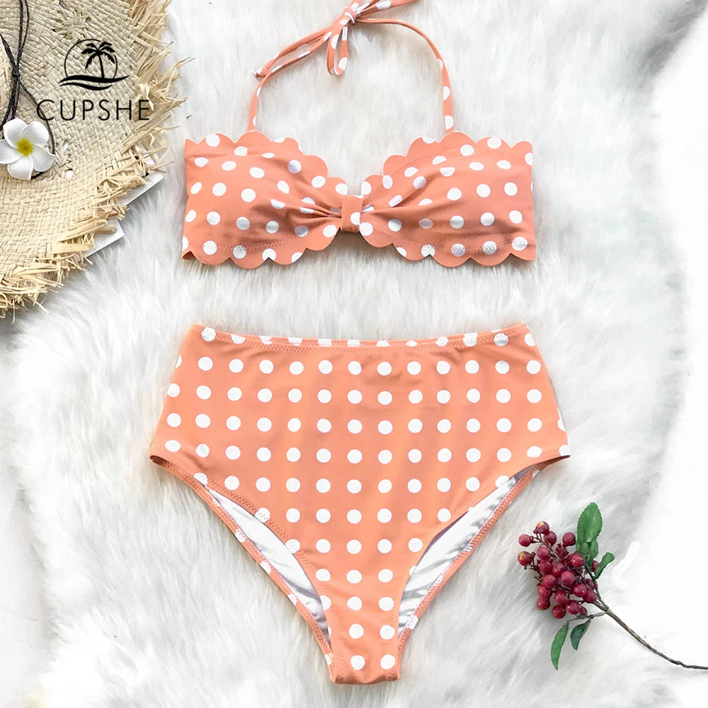 Cupshe Pink Polka Dot Scallop Bikini Sets Women Cute High Waist Two