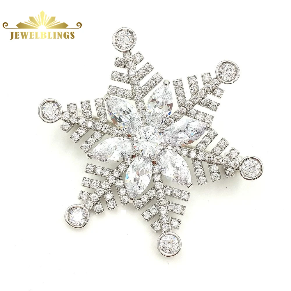 Stunning-Micro-Pave-Clear-CZ-Snowflake-Brooches-Silver-Tone-Domed-Round ...
