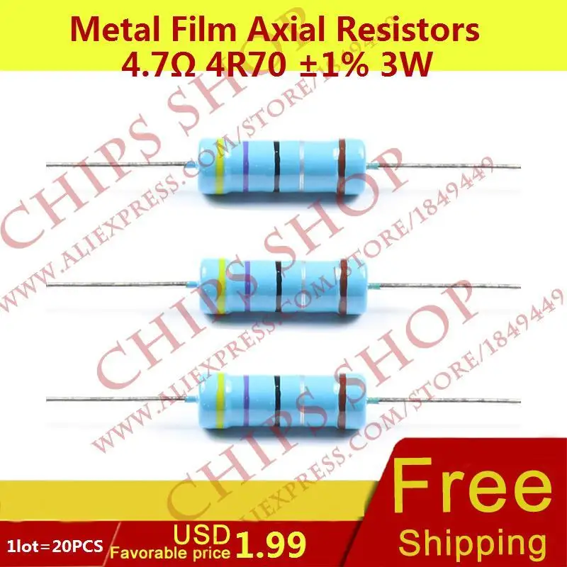 1LOT=20PCS Metal Film Axial Resistors 4.7ohm 4R70 1% 3W Wattage3W ...