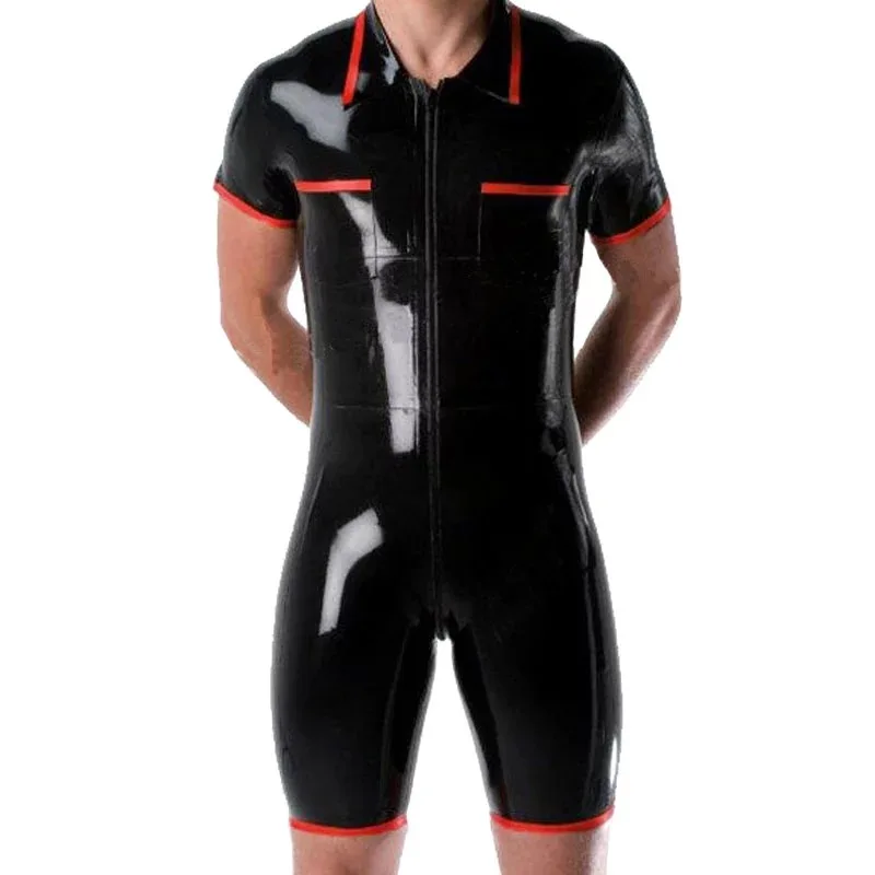 Sexy Black Mens Latex Fetish Bodysuits Rubber Jumpsuit Open Front