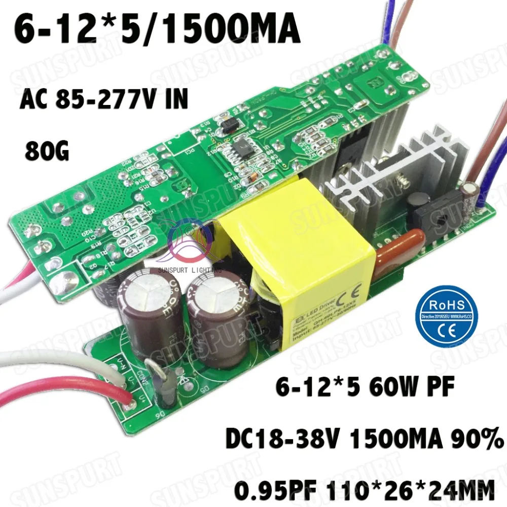 2 Pieces Isolation 60W AC85 277V LED Driver 6 12x5 1500mA DC18 38V ...