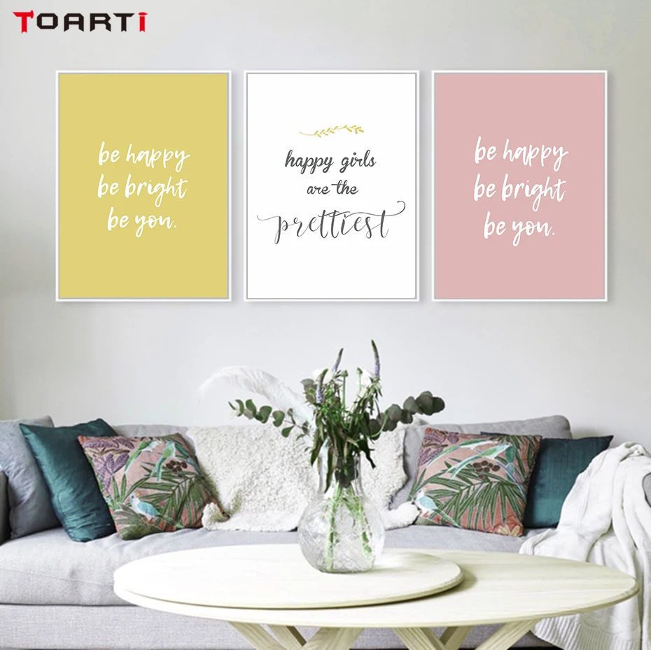 yellow red color quote poster print canvas painting be happy be bright ...