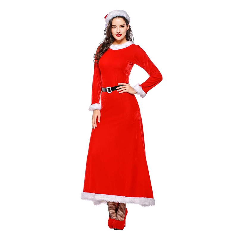Corzzet Red Velvet Long Sleeve Christmas Dress Women Christmas Costume ...
