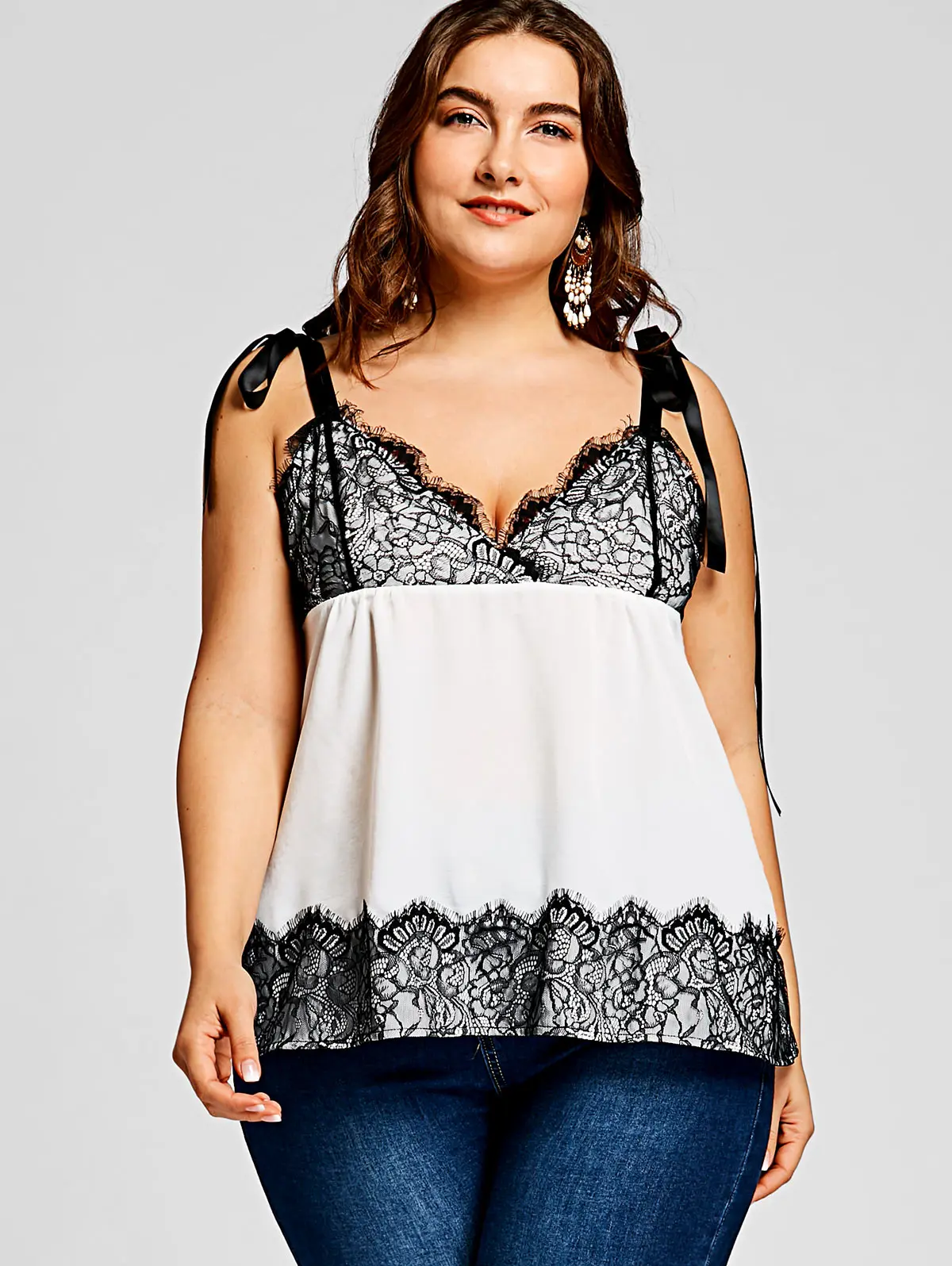 Wipalo Plus Size Lace Panel Cami Strap Tank Top Women Tanks Lace Panel