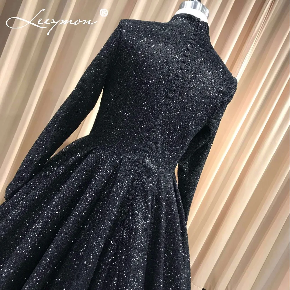 Robe De Soiree Glitter Shiny Evening Dress Full Sleeves Black Evening ...